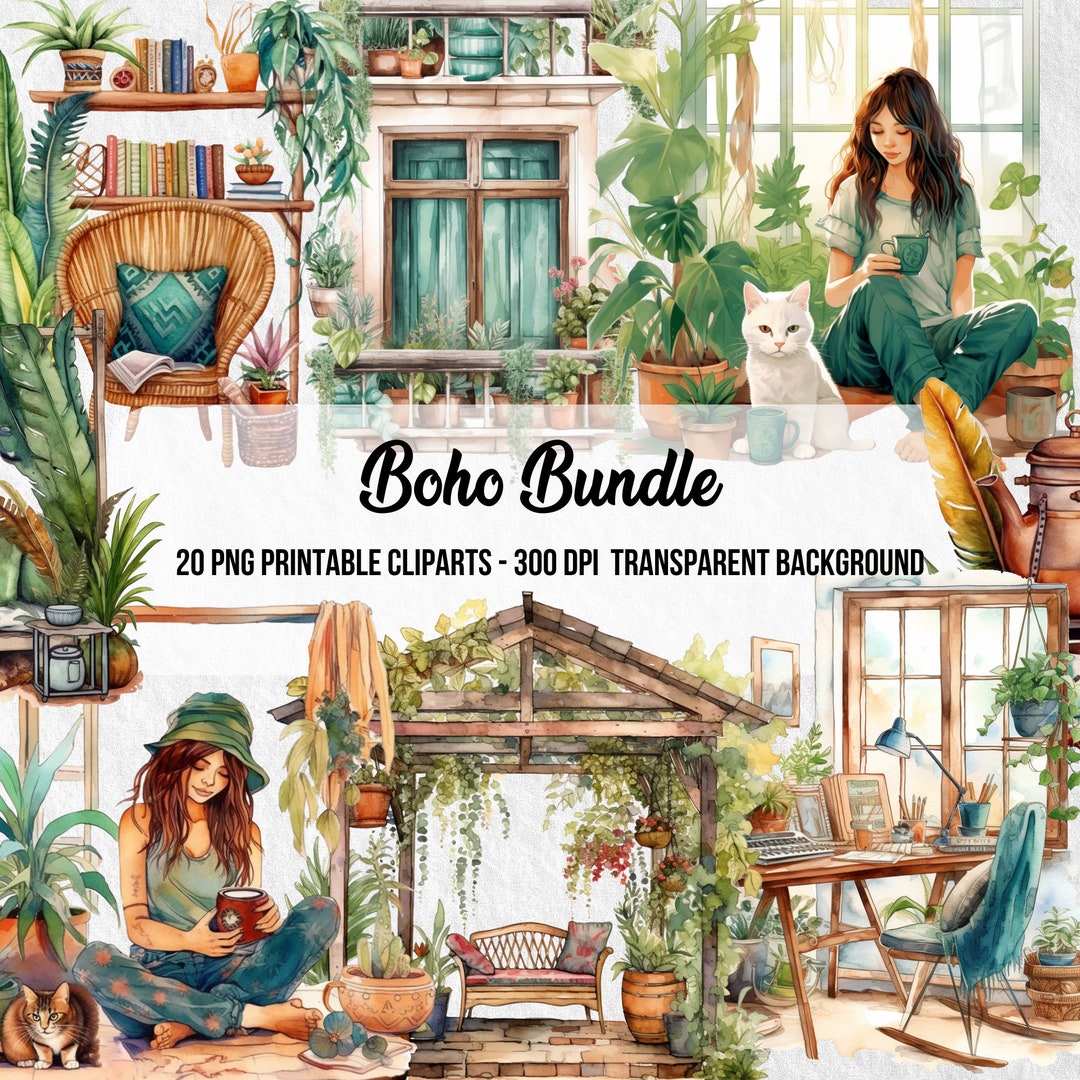 Boho Bundle,png Boho,paper Craft Bundle,boho Illustrations,watercolor ...