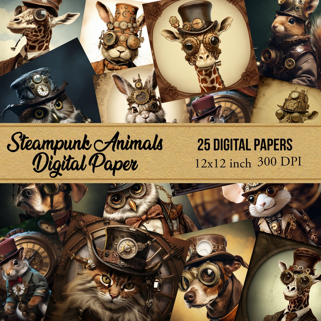 25 Steampunk Animals Themed Old Digital Printable Paper,steampunk ...