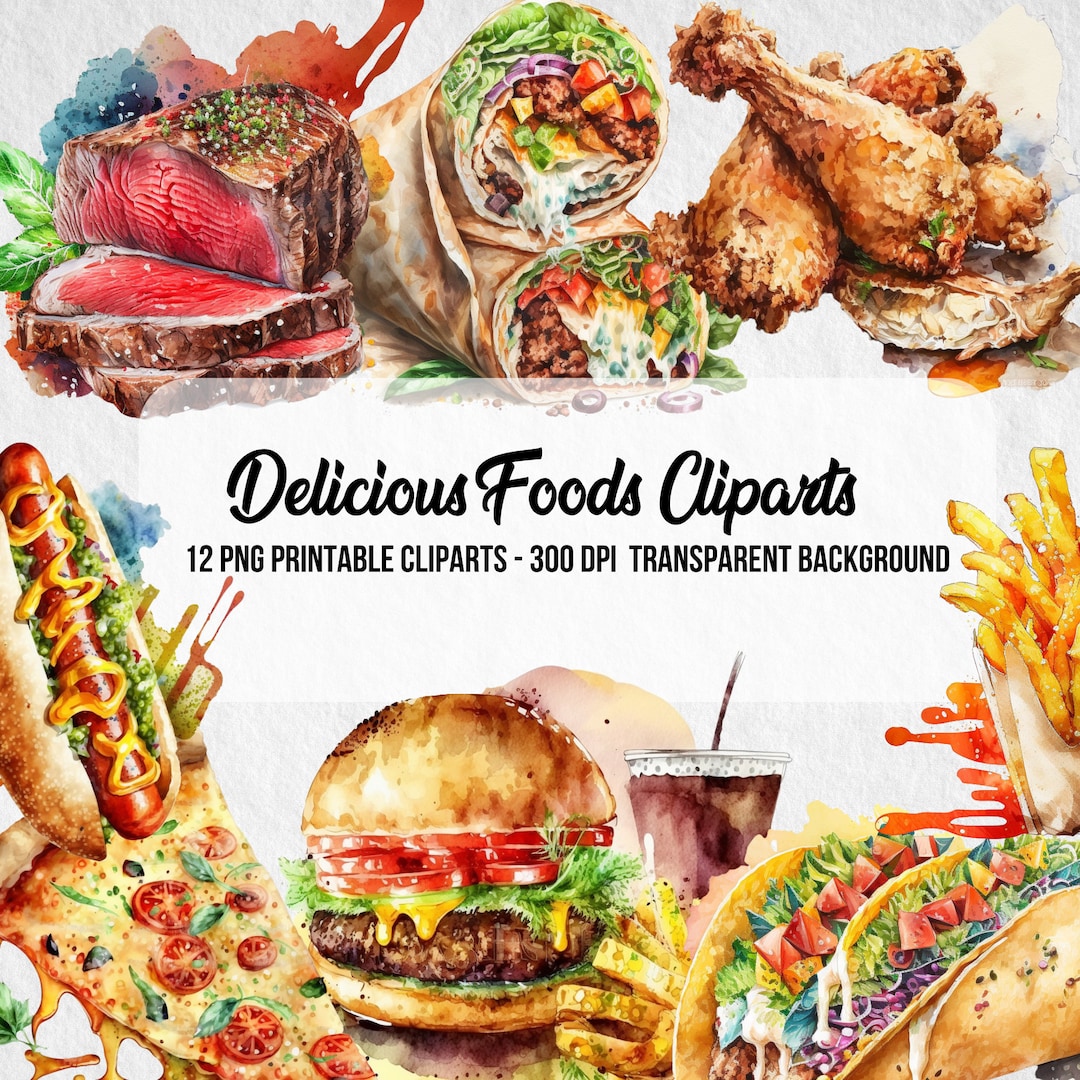 Watercolor Fast Food Clipart Bundle, Realistic PNG Prints (digital ...