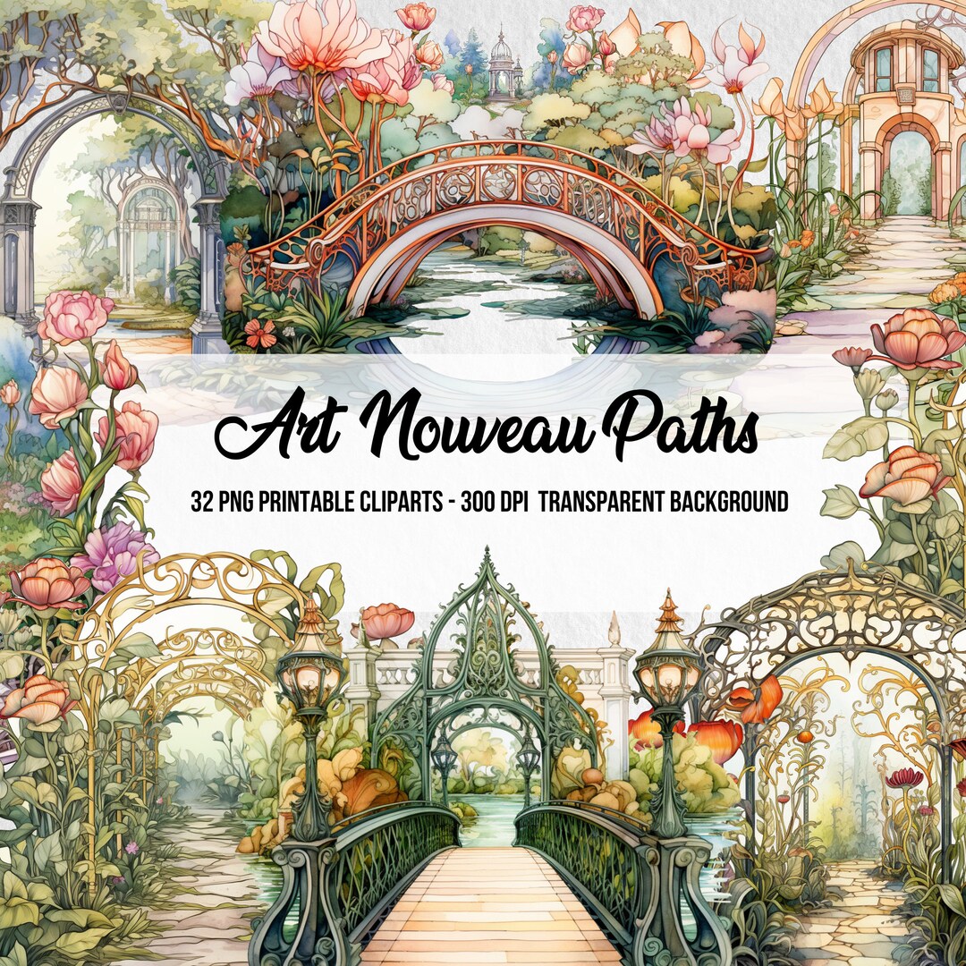 Art Nouveau Paths Clipart: Watercolor Art Deco PNG Bundle (digital ...