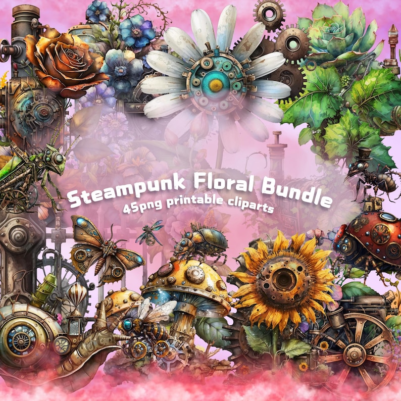 Steampunk Floral Clipart Bundle: Animals & Flowers (digital Prints ...