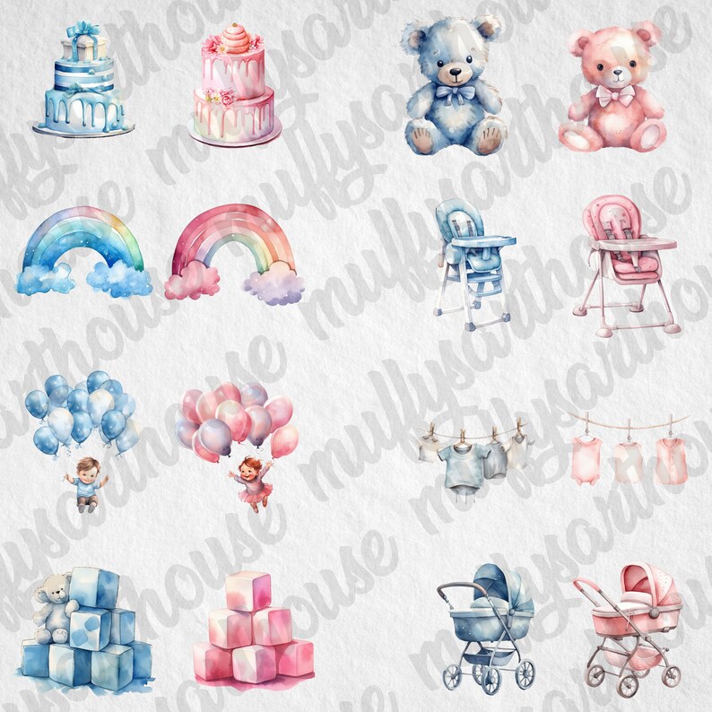 Watercolor Gender Reveal Clipart Bundle, Baby Shower Graphics (digital ...