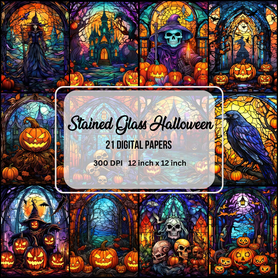 Stained Glass Halloween Digital Papers,halloween Ephemera,instant ...
