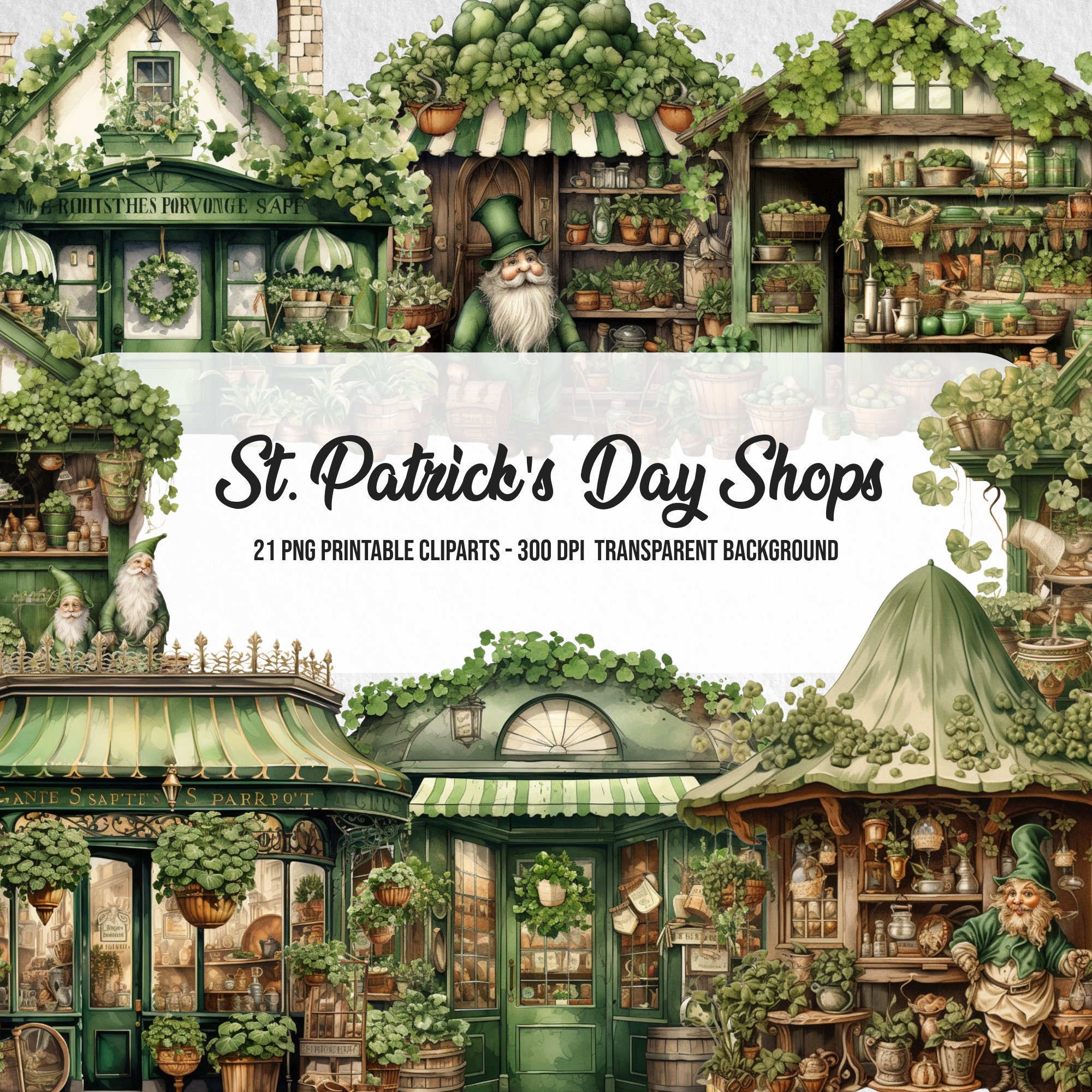 St. Patrick's Day Shops Clipart: Watercolor Scene (PNG Digital Download ...