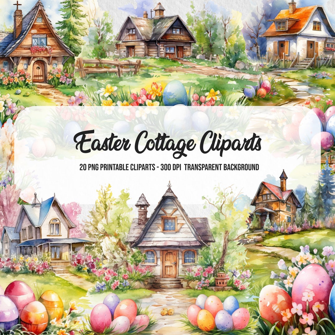 20 Easter Cottage Cliparts,watercolor Effect Easter Prints,easter Png ...