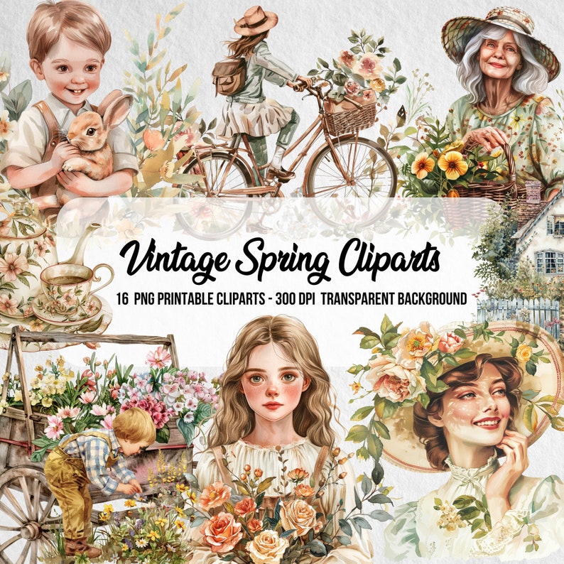 Vintage Spring Cliparts, Watercolor Style, Card Making (digital ...
