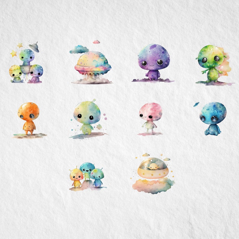 Watercolor Alien Cliparts Fantasy Cliparts Digital Aliens - Etsy