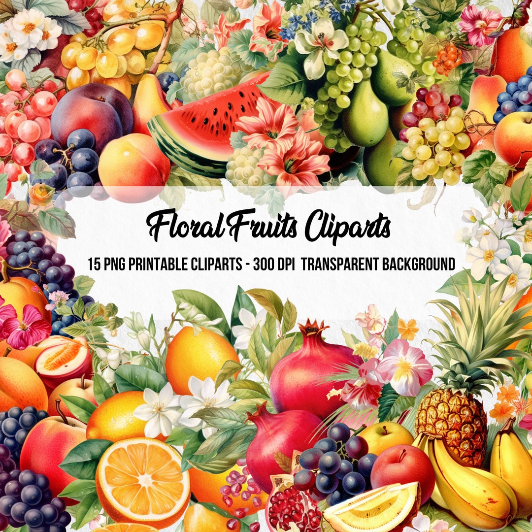 Vintage Style Floral Fruits Cliparts,watercolor Effect,commercial Use ...