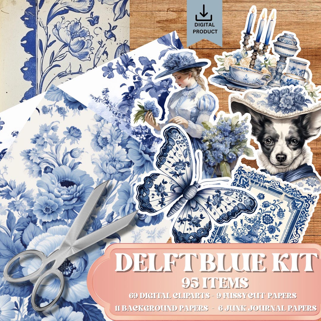 Delft Blue Floral Fussy Cut Ephemera: Victorian Scrapbook (digital ...