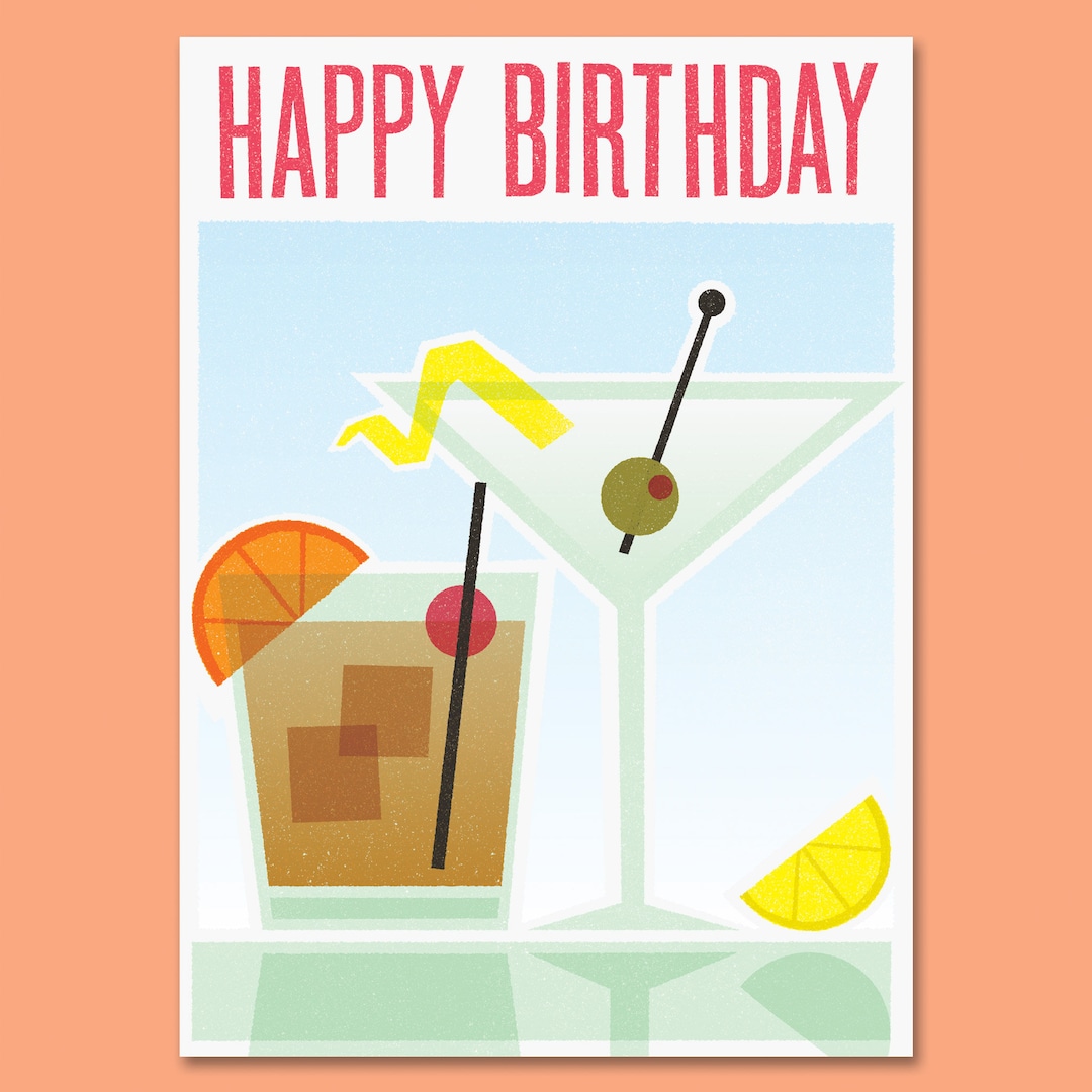 Happy Birthday Happy Hour Illustrated Cocktails Sustainable Retro ...