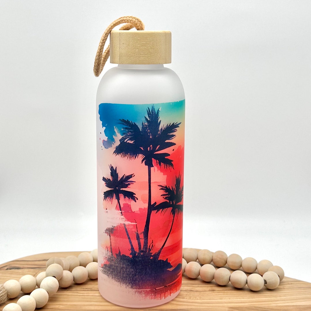 Personalized Glass Water Bottle, Beach Sunset 25oz Frosted Glass ...