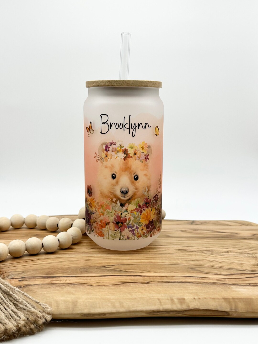 Frosted Glass Tumbler, Glass Can With Bamboo Lid and Straw, Quokka Iced ...