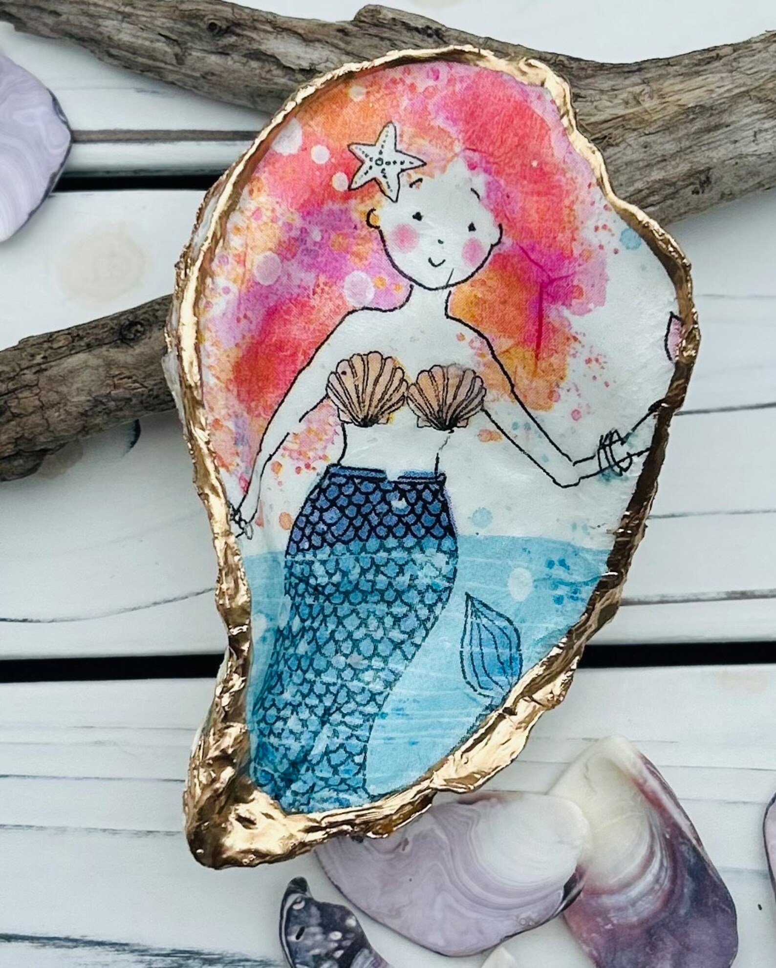 Mermaid Decoupage Oyster, Oyster Shell Ring Dish, Trinket Dish ...