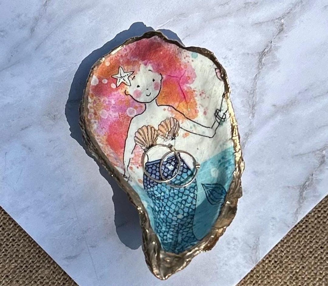 Mermaid Decoupage Oyster, Oyster Shell Ring Dish, Trinket Dish ...