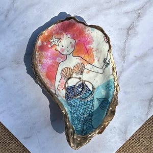 Mermaid Decoupage Oyster, Oyster Shell Ring Dish, Trinket Dish ...