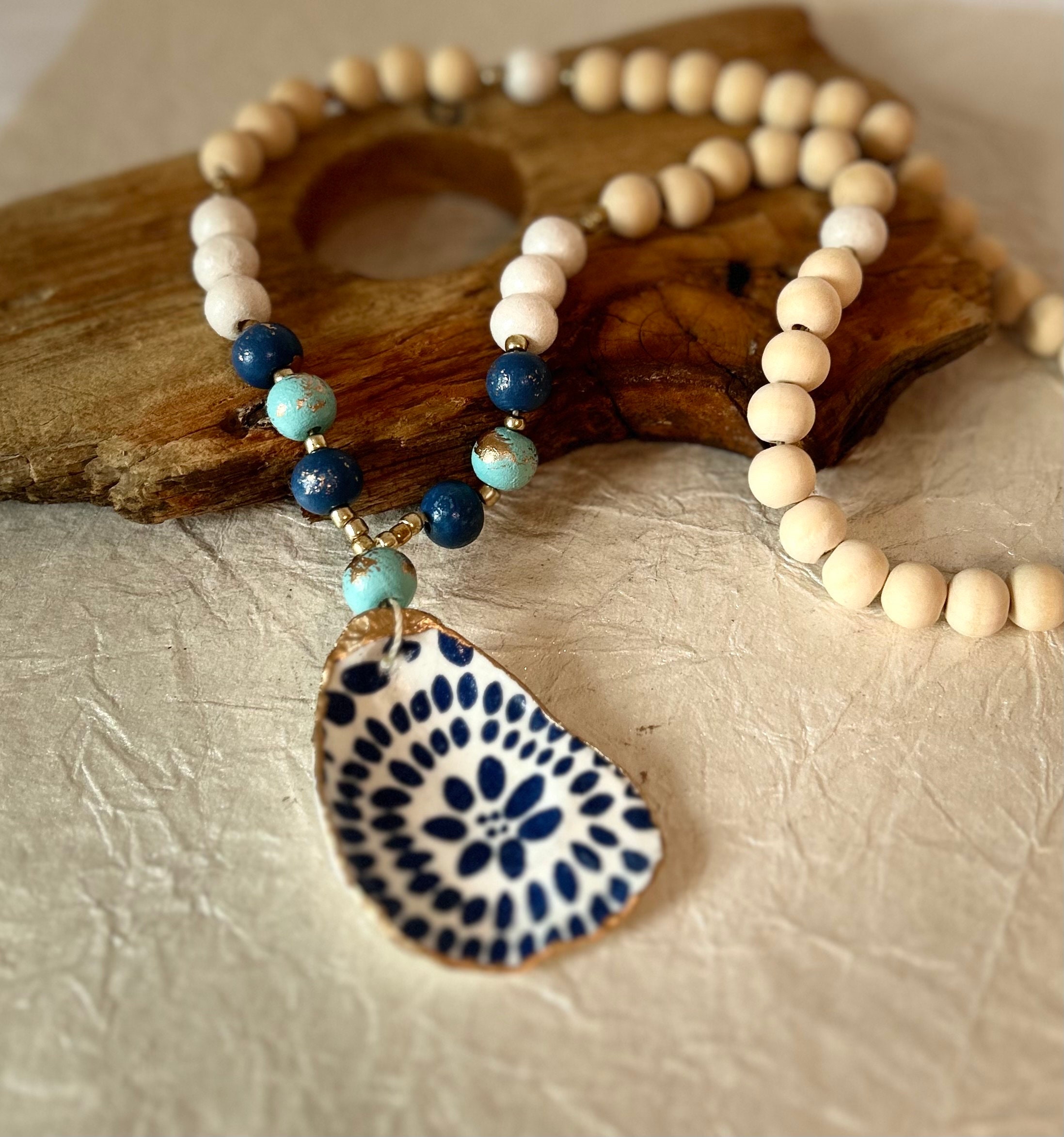 Oyster Shell Necklace, Decoupaged Blue Design, Handmade Oyster Shell ...