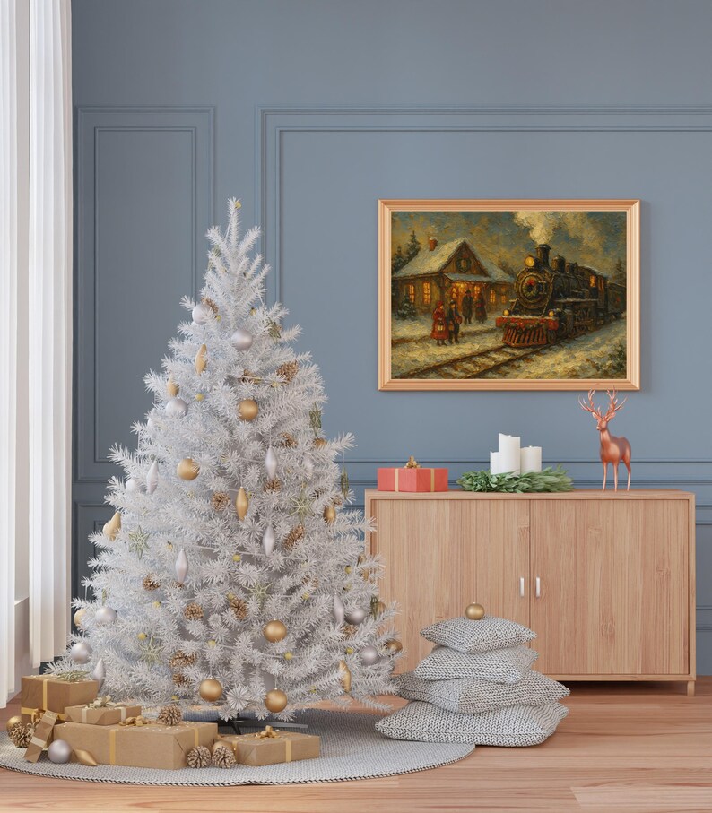 Vintage Christmas Train Station Art, Rustic Winter Landscape (digital ...