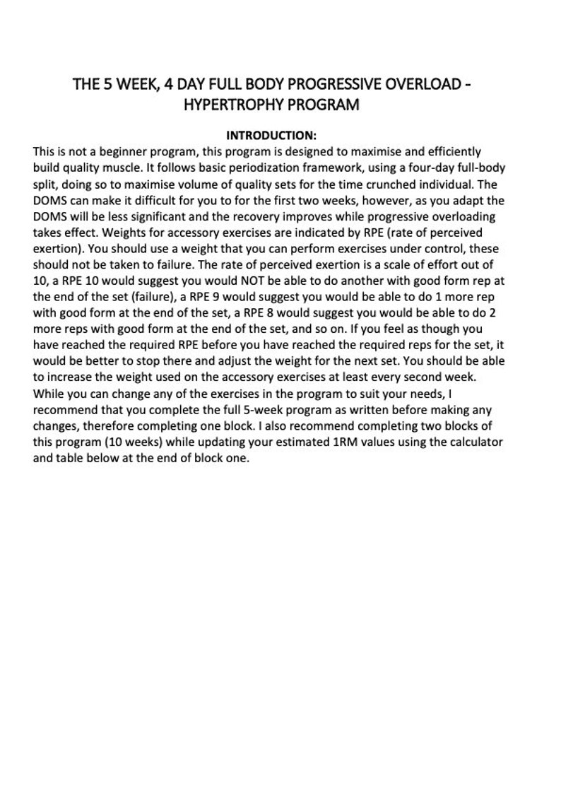 The Full Body Split Hypertrophy Program - Etsy