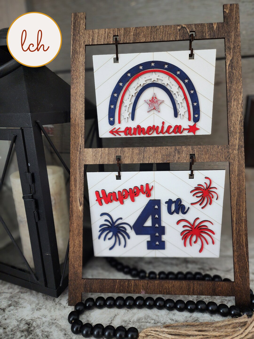 4th of July Wooden Ladder Picture Frame Hanger - Hand Painted, Laser ...