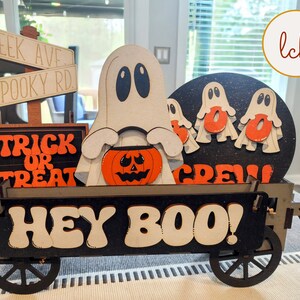 Hand-painted ‘hey Boo Crew’ Ghost - Wooden Laser-cut Halloween Shelf ...