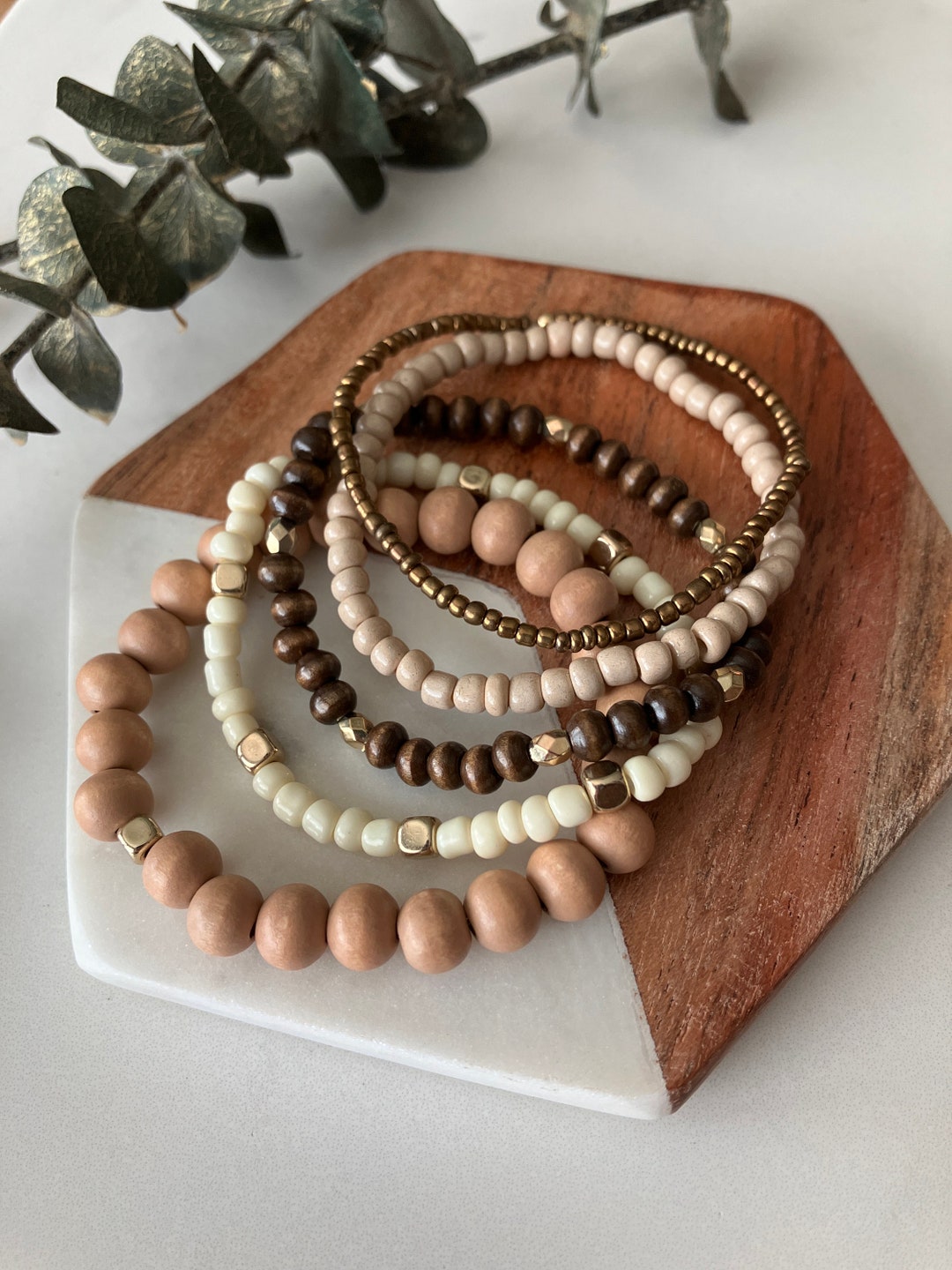 Boho Neutral Bracelet Set of 5, Layering Bracelets, Gold/cream/tan/wood ...