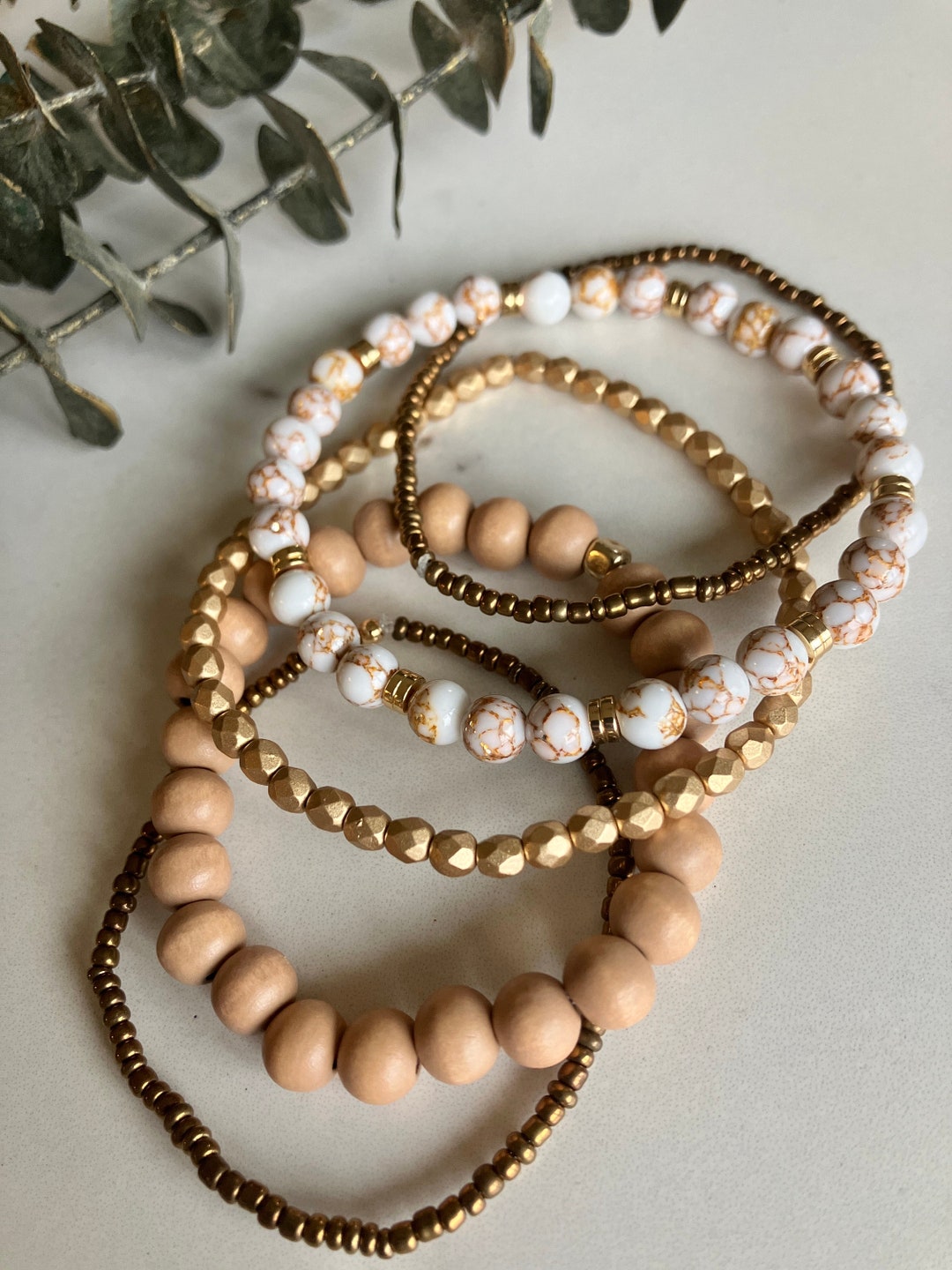 Boho Neutral Bracelet Set of 5, Layering Bracelets, Gold/cream/tan/wood ...