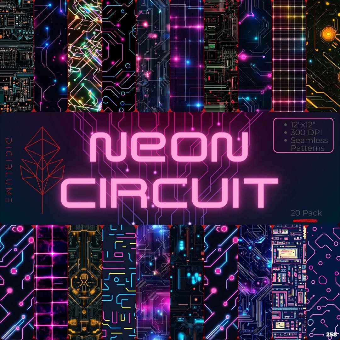 Cyberpunk Circuit Board Seamless Pattern Glowing Neon Lines Digital ...