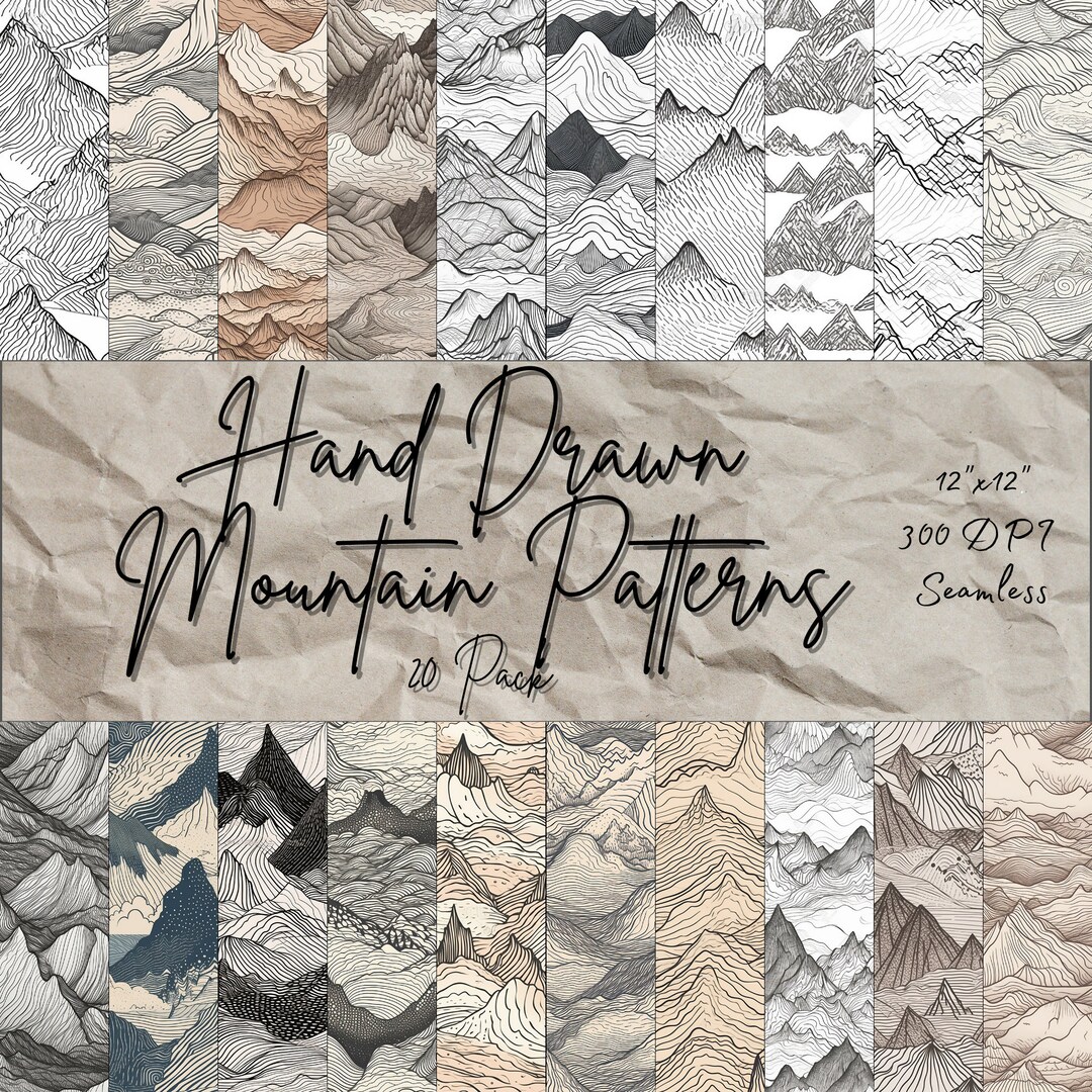 Hand Drawn Mountains Digital Paper Mountains Print Mountain Nature ...