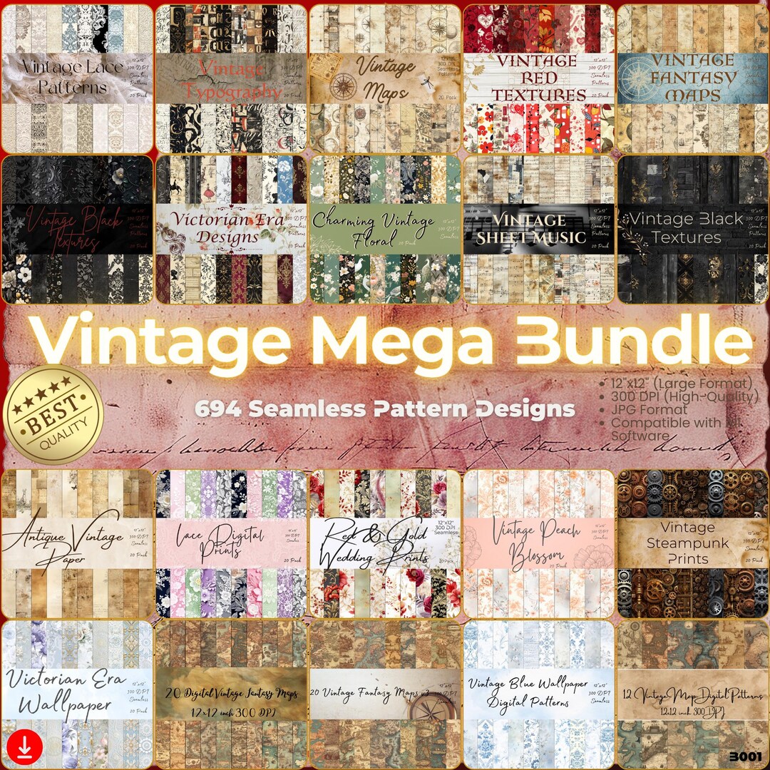 Vintage Digital Paper Mega Bundle: 694 Antique Designs (digital ...