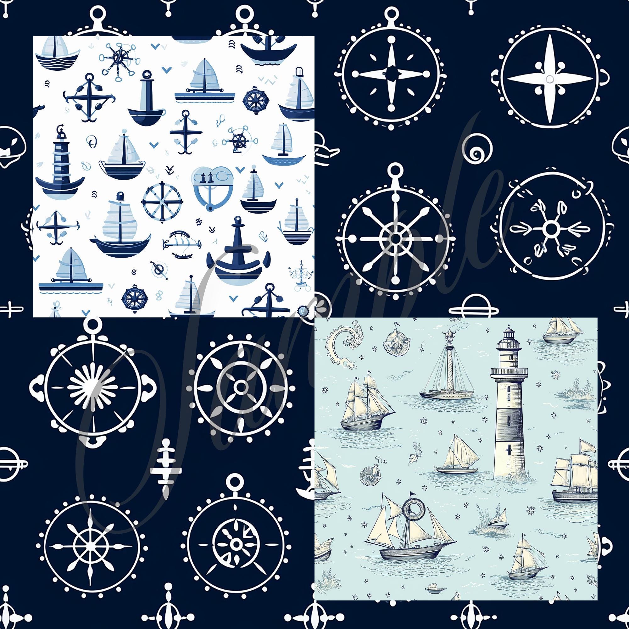 Nautical Seamless Patterns | Compass, Ship's Wheel & Sea Creatures in ...