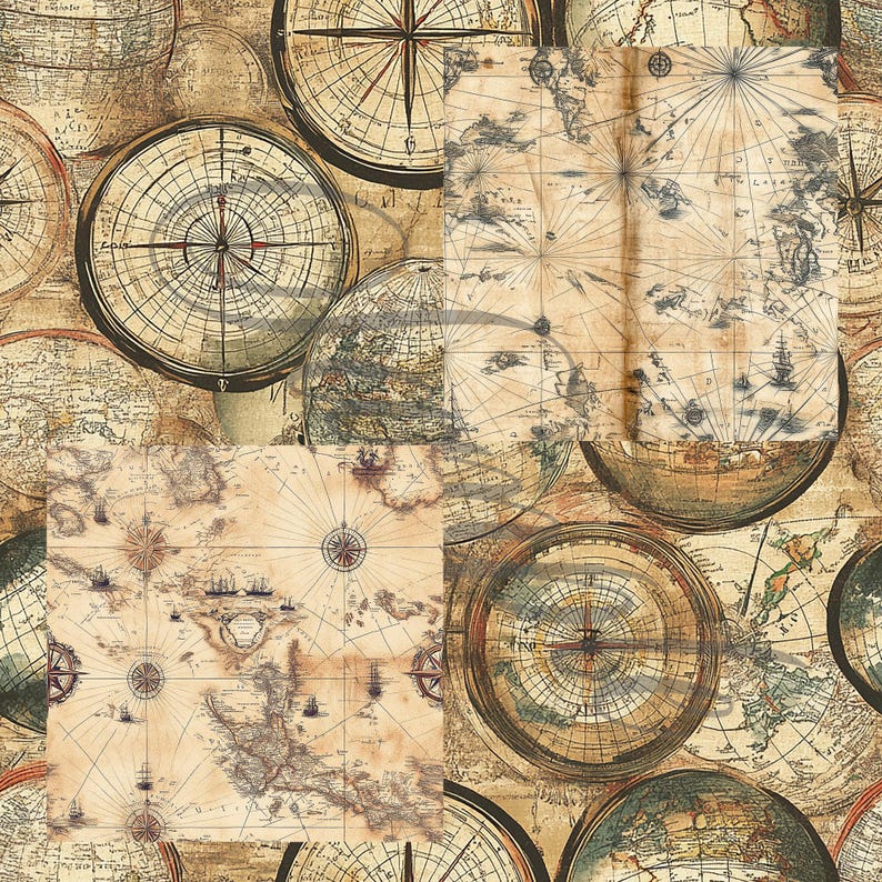 Vintage Map Patterns | Antique Cartography Design | Digital Fantasy Map ...
