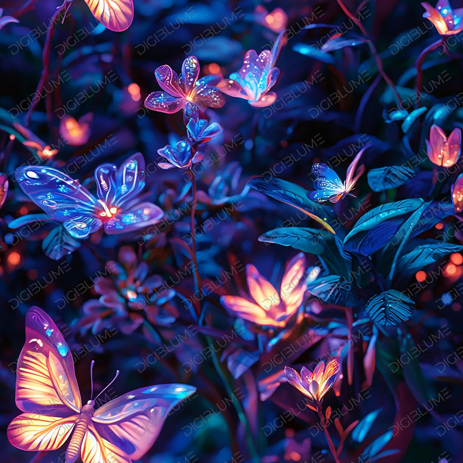 Night Garden Seamless Pattern Lunar Flowers Glow in the Dark Digital ...
