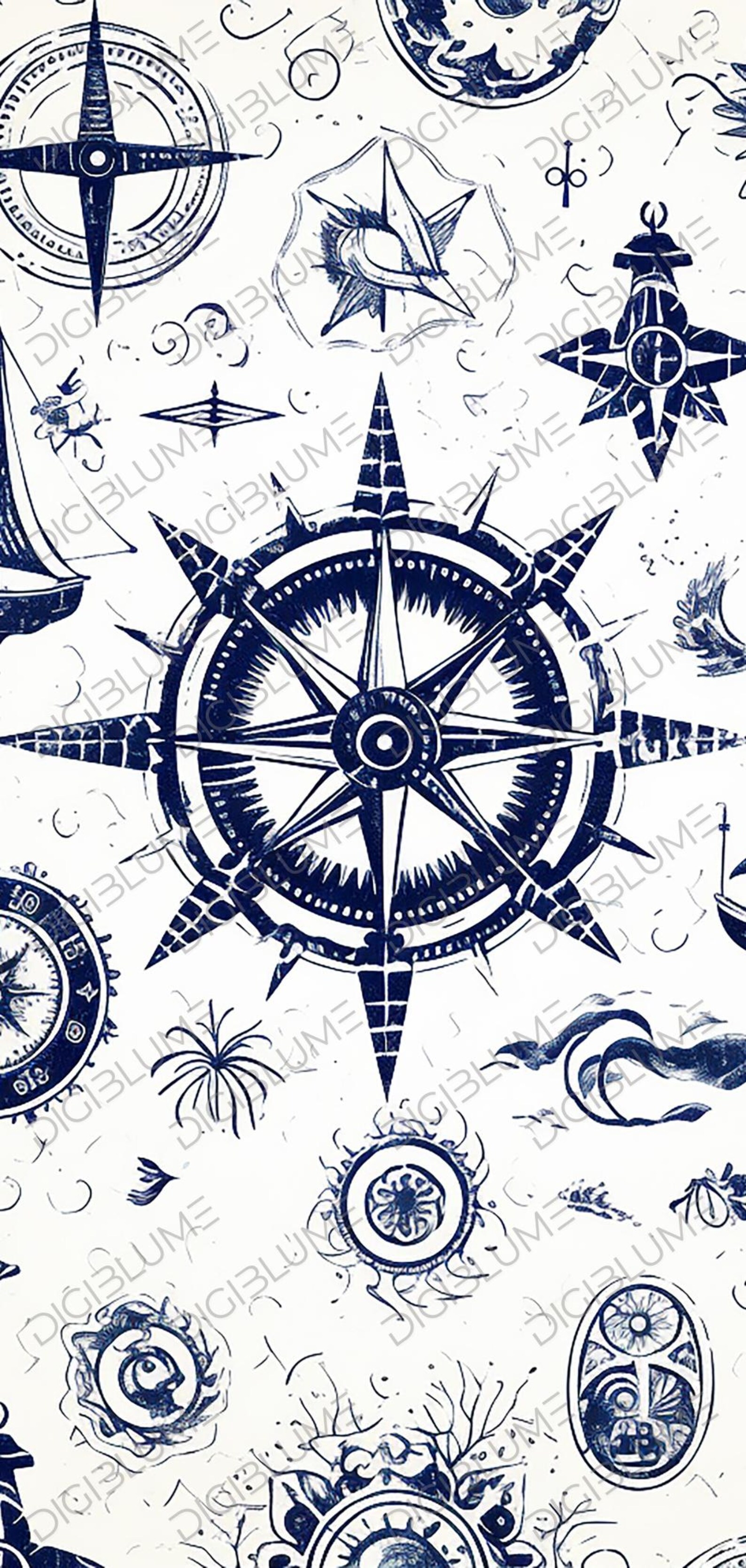 Nautical Seamless Patterns | Compass, Ship's Wheel & Sea Creatures in ...