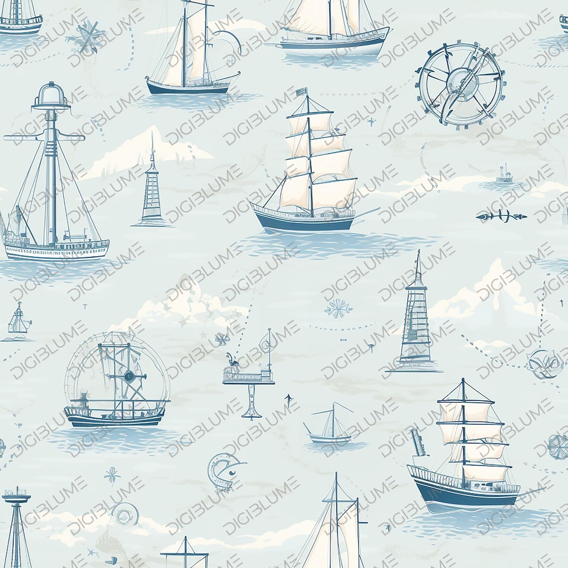 Nautical Seamless Patterns | Compass, Ship's Wheel & Sea Creatures in ...