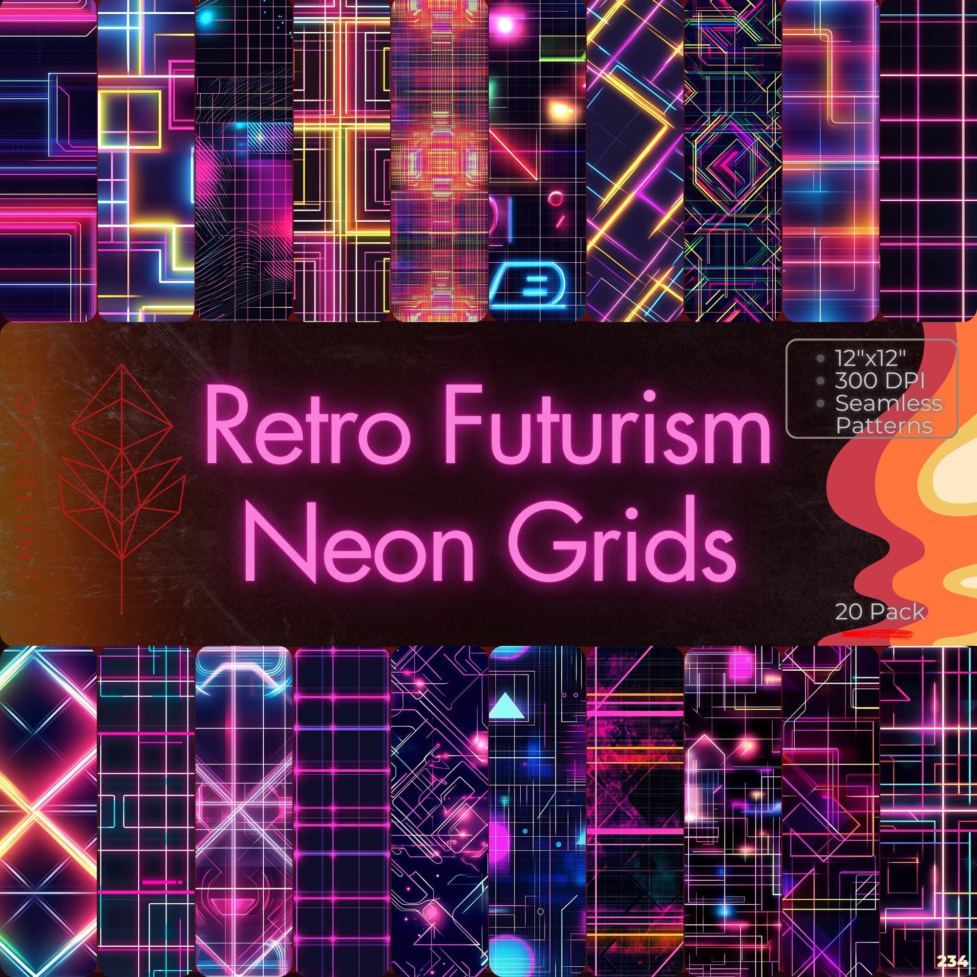 Retro Futurism Neon Grid Patterns: 80s Sci-fi Digital Paper (digital ...