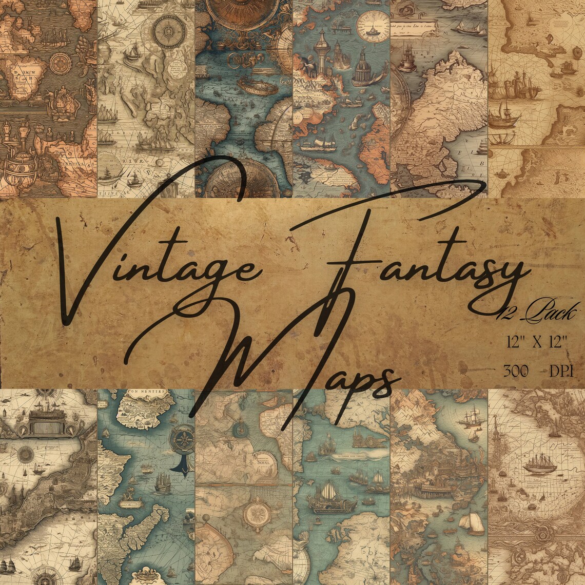 Vintage Fantasy Map Digital Paper: Seamless Old World Prints (12 Pack ...