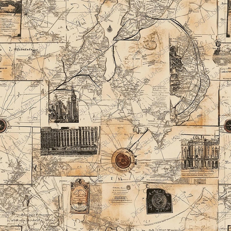 Vintage Map Patterns | Antique Cartography Design | Digital Fantasy Map ...