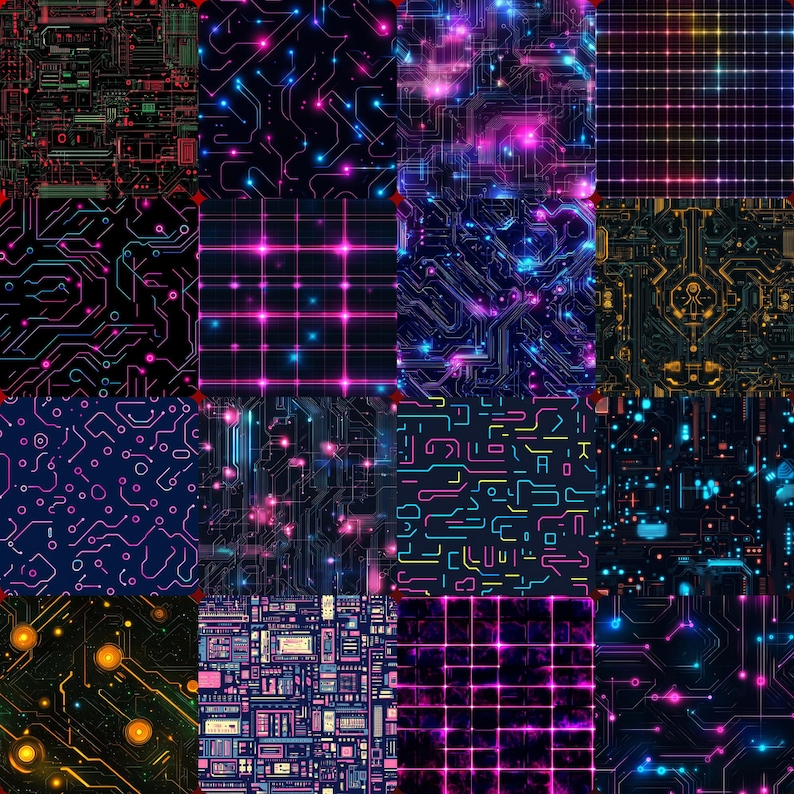 Cyberpunk Circuit Board Seamless Pattern Glowing Neon Lines Digital ...