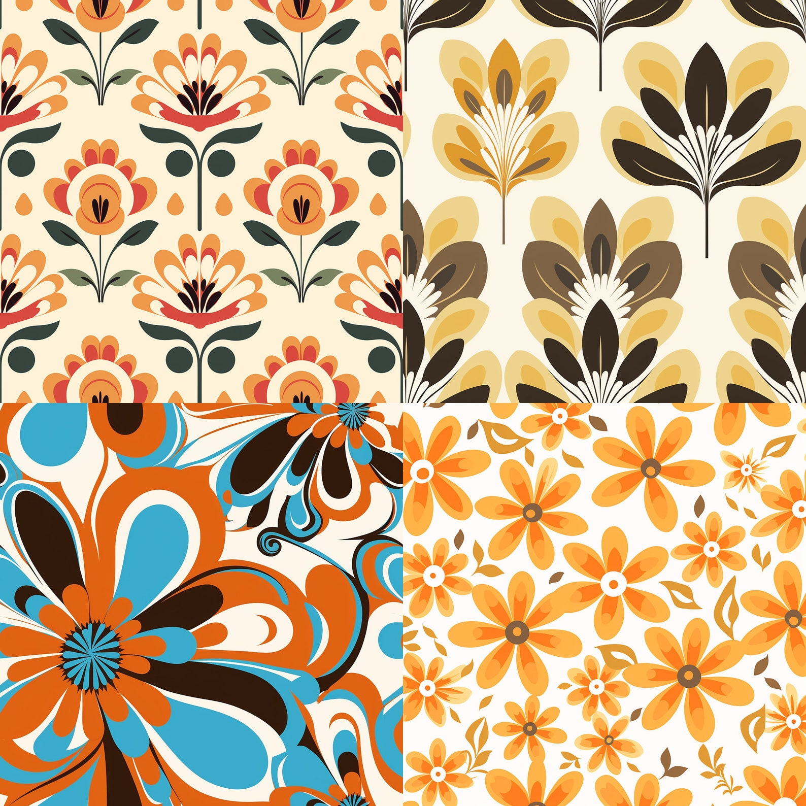Retro-funk Seamless Pattern: Groovy Flowers, Psychedelic Vines, and ...