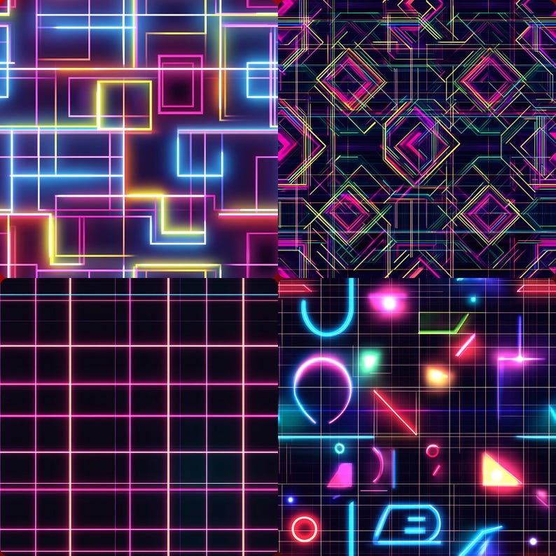 Retro Futurism Neon Grid Patterns: 80s Sci-fi Digital Paper (digital ...