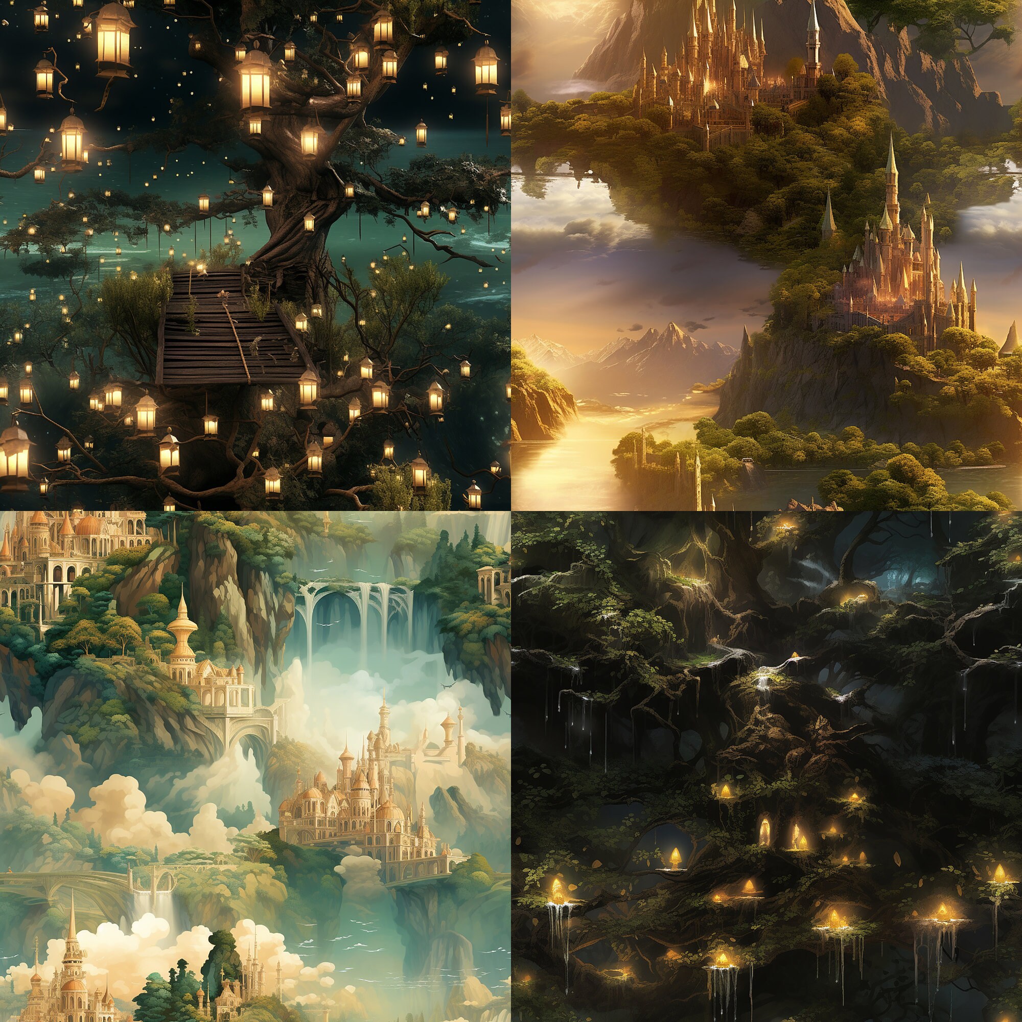 Fantasy World: Dreamy Green Grass, Lanterns, and Hidden Islands ...
