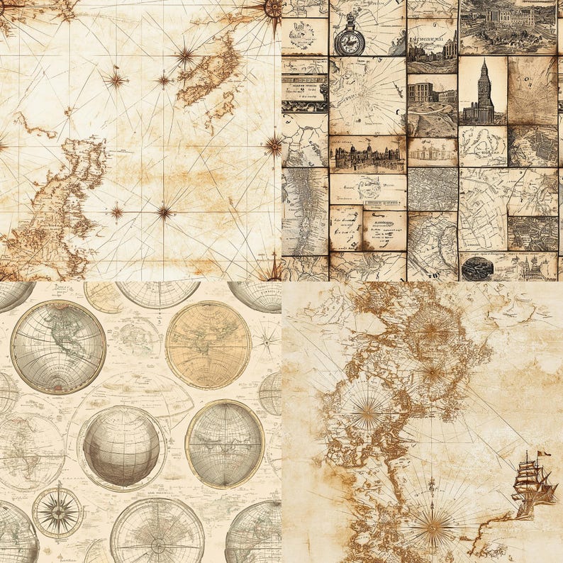 Vintage Map Patterns | Antique Cartography Design | Digital Fantasy Map ...