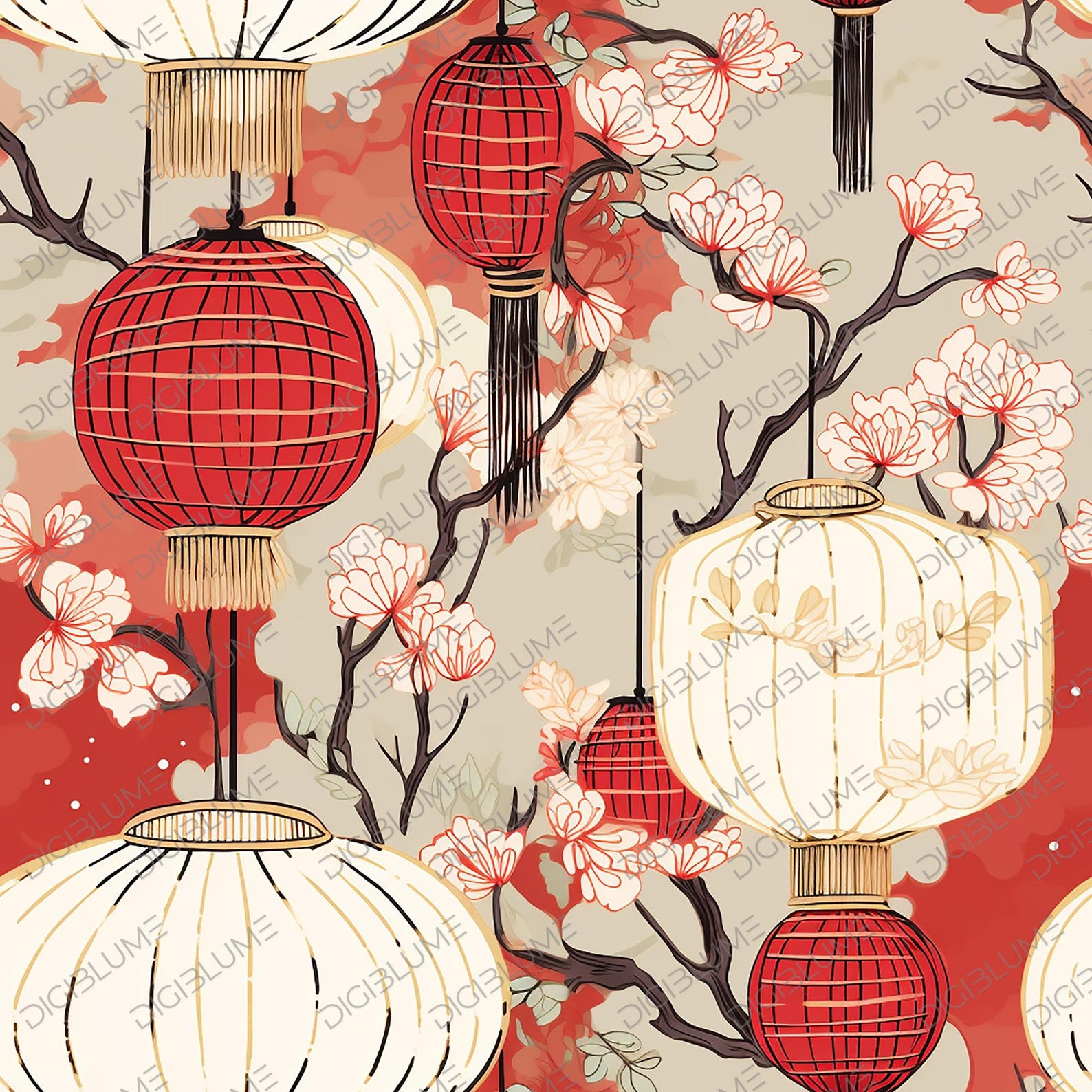 Chinese New Year Seamless Pattern Festive Red Lanterns & Flowers ...