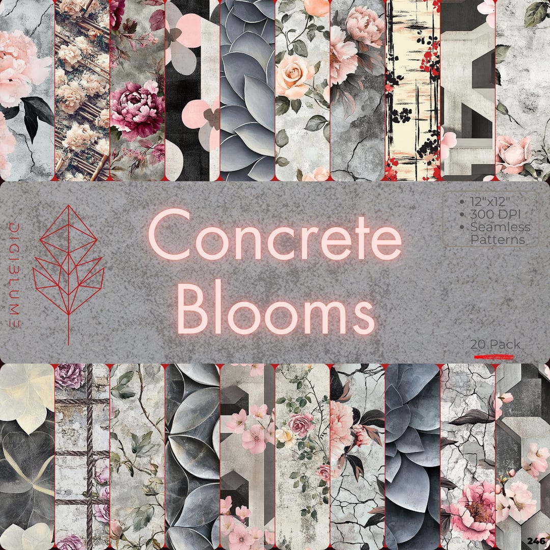 Modern Concrete Floral Seamless Pattern Moody Pink Blossoms Industrial ...