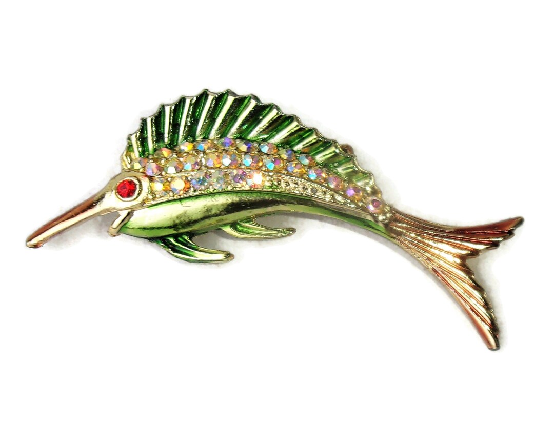 Vintage Swordfish Marlin Sailfish Green Enamel & AB Rhinestones Pin ...