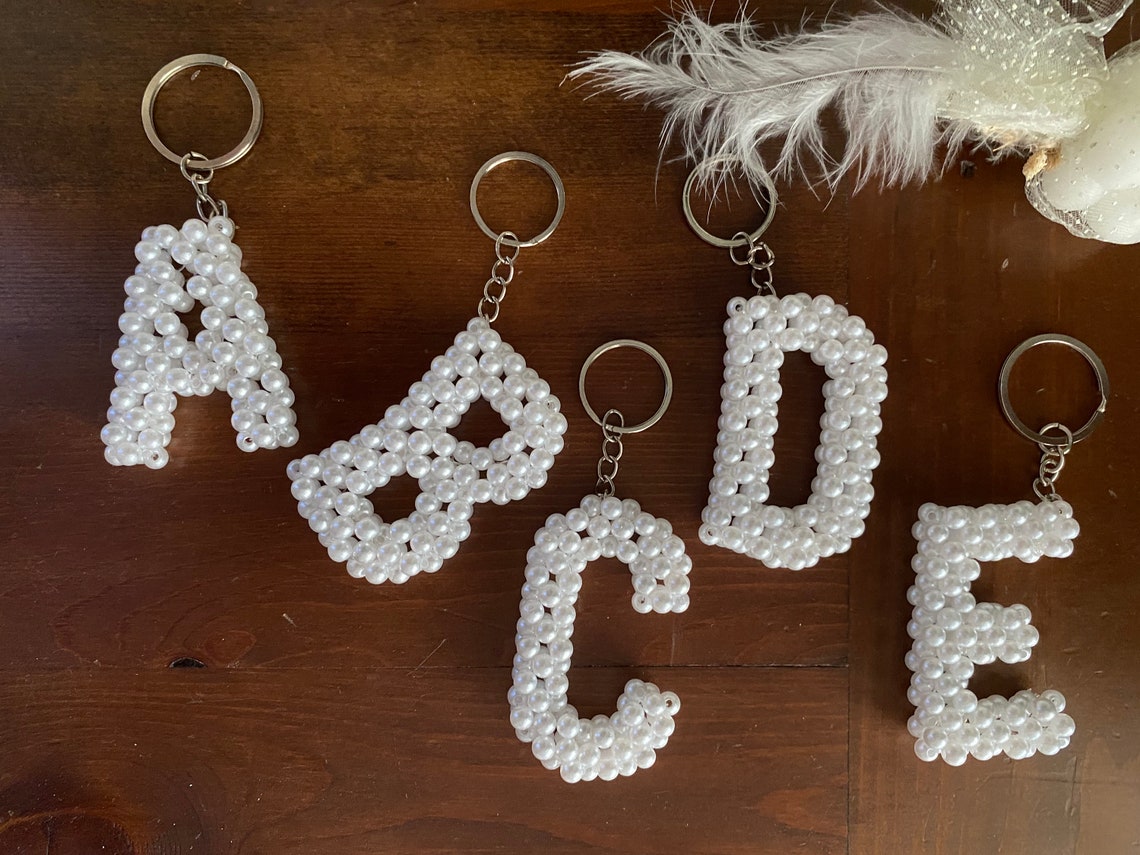 Personalized White Pearl Beaded Keychain, Custom Letter Keychain ...
