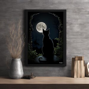Black Cat Poster, Full Moon Art, Halloween Gift, Gothic Wall Art, Dark ...