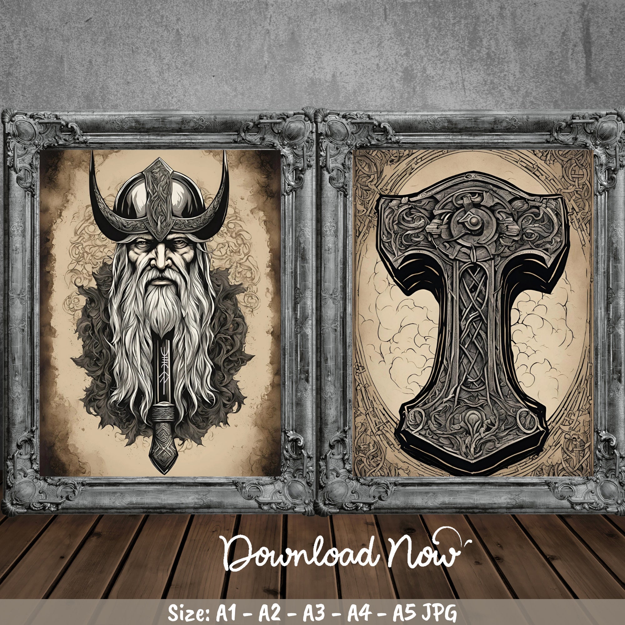 ODIN & MJOLNIR Thors Hammer Set of 2 Posters, Viking Wall Art, Odin ...