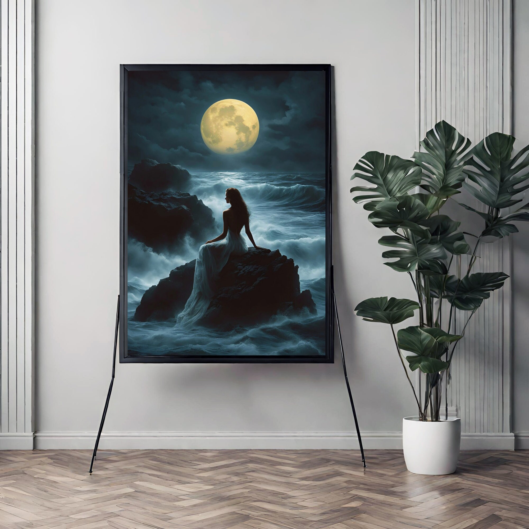 The Sea Siren on the Rock Art,siren Wall Art, Mystical Siren Under Full ...