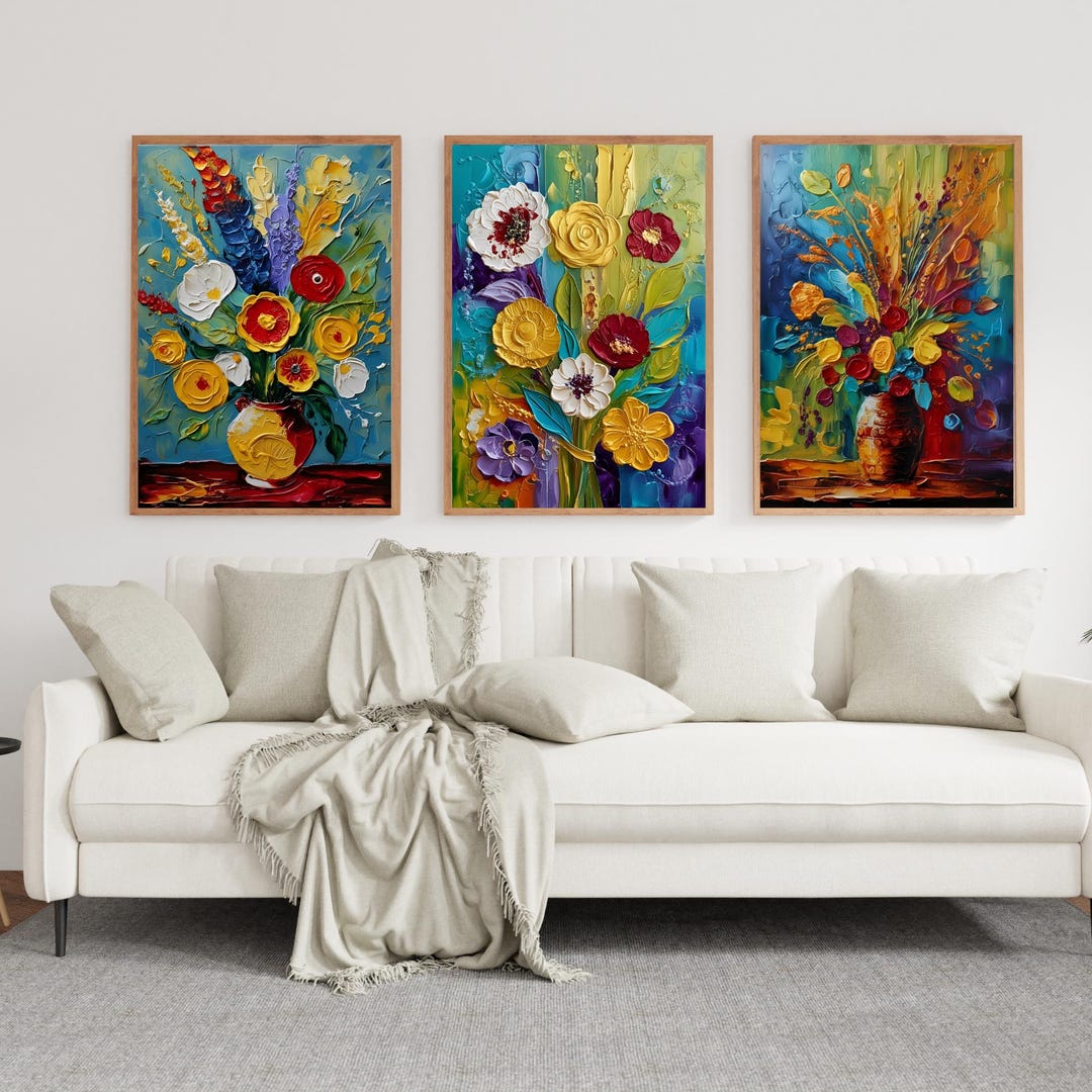Maximalist Flowers Wall Art Set of 3, Eclectic Boho Home Decor ...